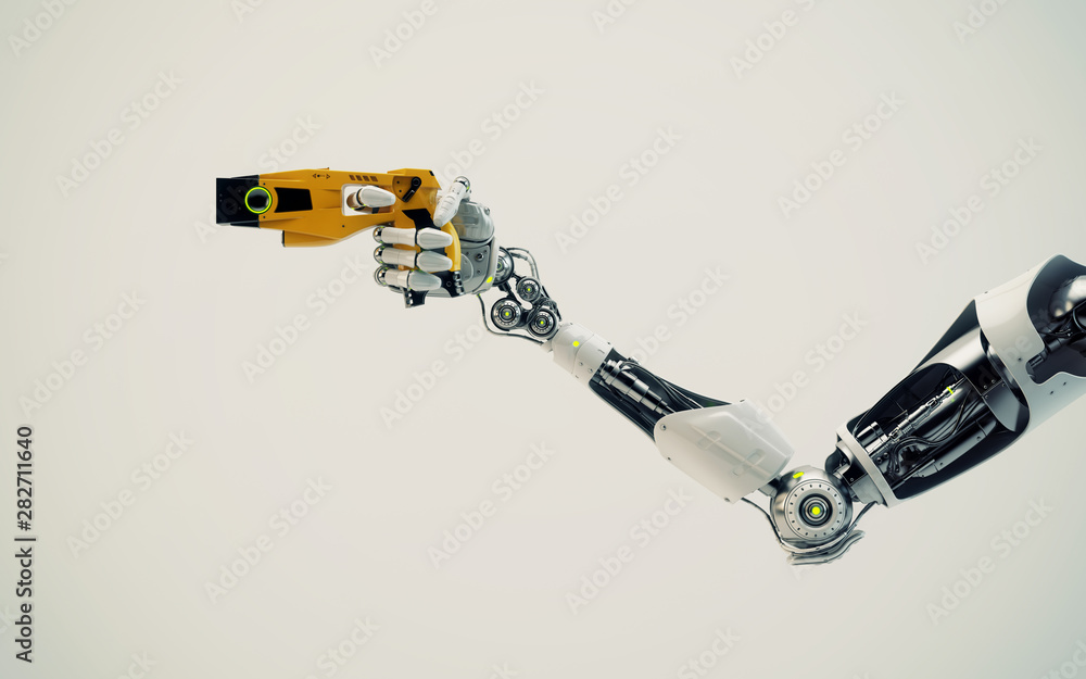 Robotic arm holding futuristic taser gun, 3d rendering Stock ...
