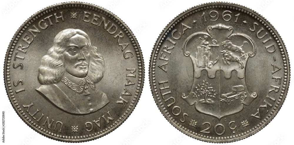 South Africa African silver coin 20 twenty cents 1961, bust of Jan van ...