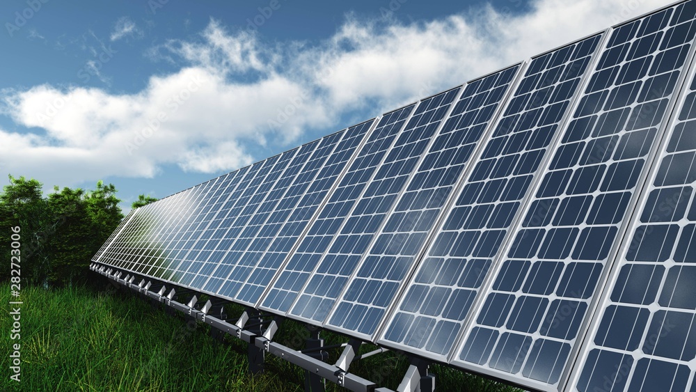 Solar panels. Sky with clouds and solar panels, 3D rendering Stock ...