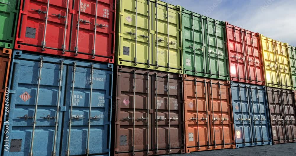Rows of cargo shipping containers. Camera moving along cargo shipment ...