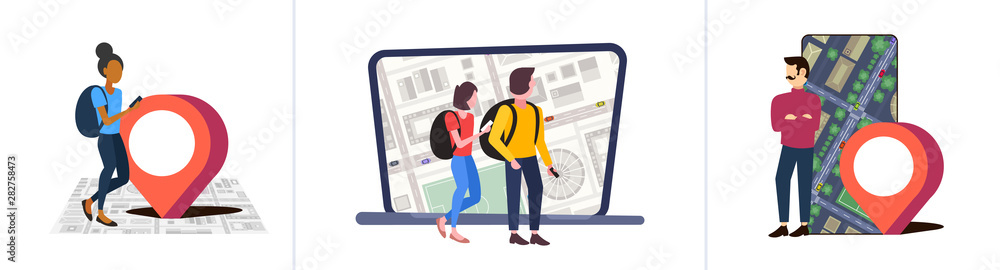 set people using navigation app with location marker gps position on ...