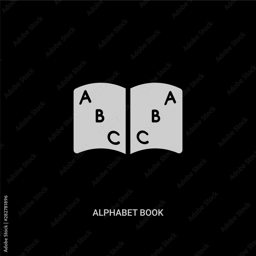 white alphabet book vector icon on black background. modern flat ...