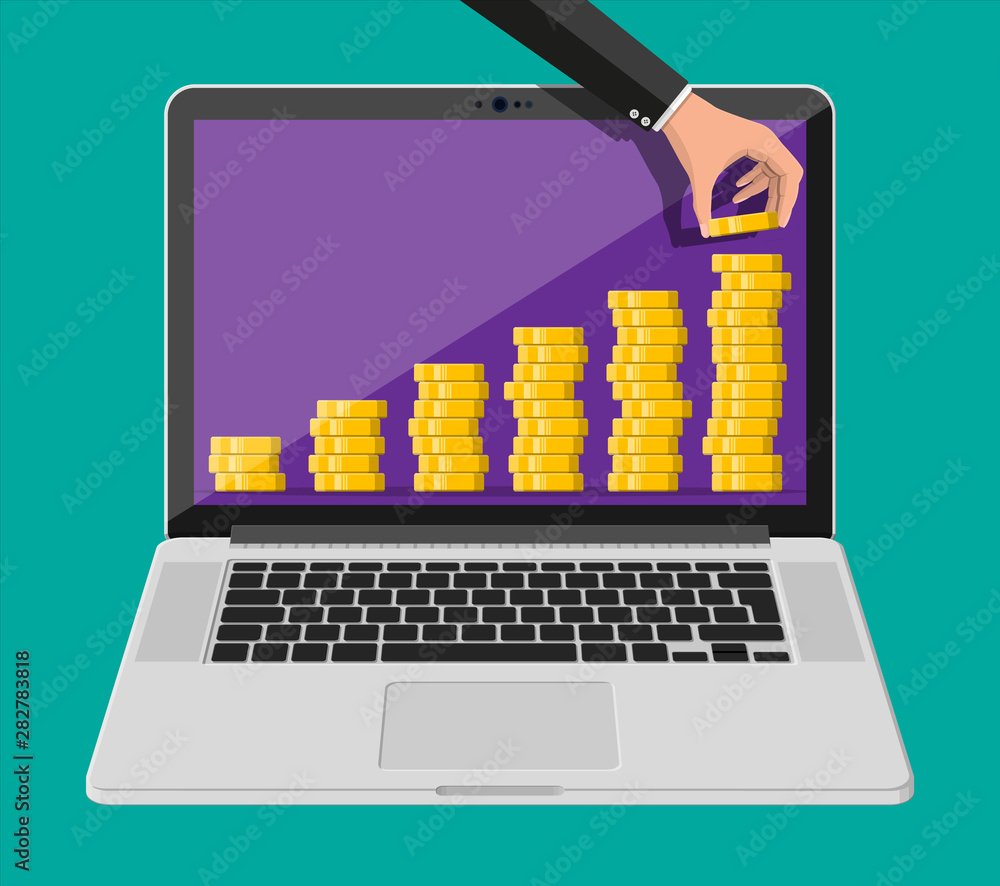 Stack of gold coins and hand on screen of laptop. Golden coin with ...