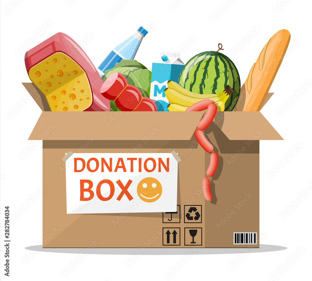 Cardboard box full of food. Needed items for donation. Water, bread ...