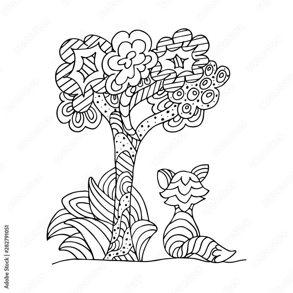 Tree and fox. Hand drawn coloring page. Hand drawn vector illustration ...