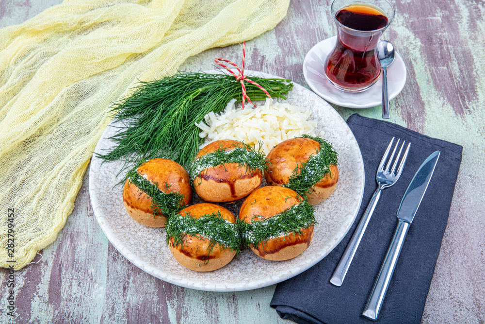 Traditional Turkish pastry pogaca with cheese filling with dill ...