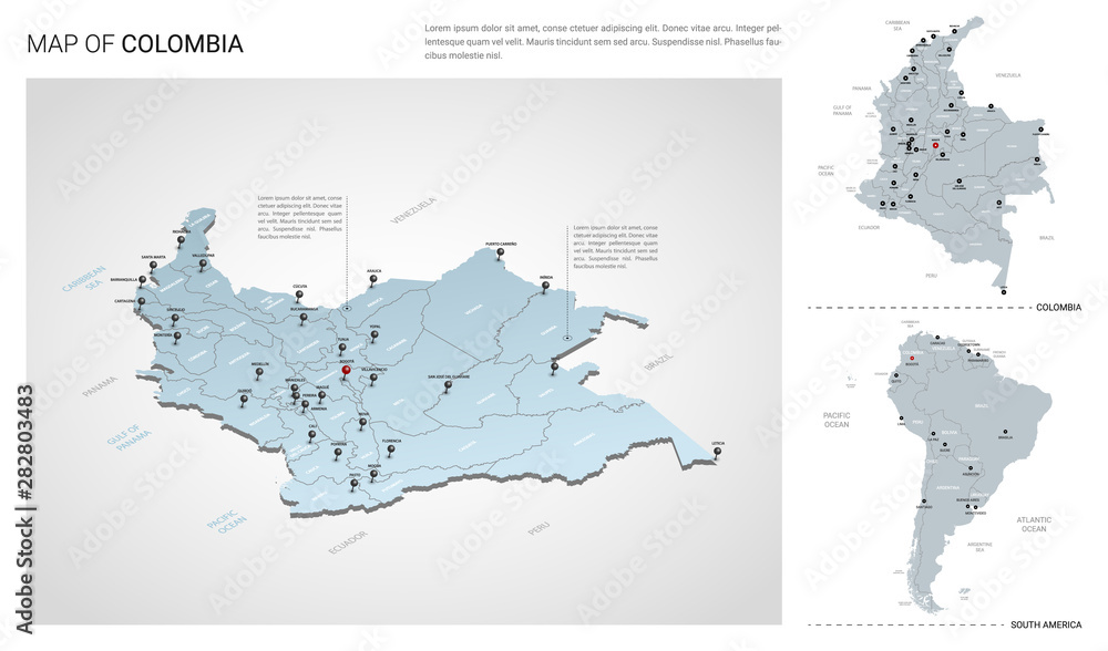 Vector set of Colombia country. Isometric 3d map, Colombia map, South ...