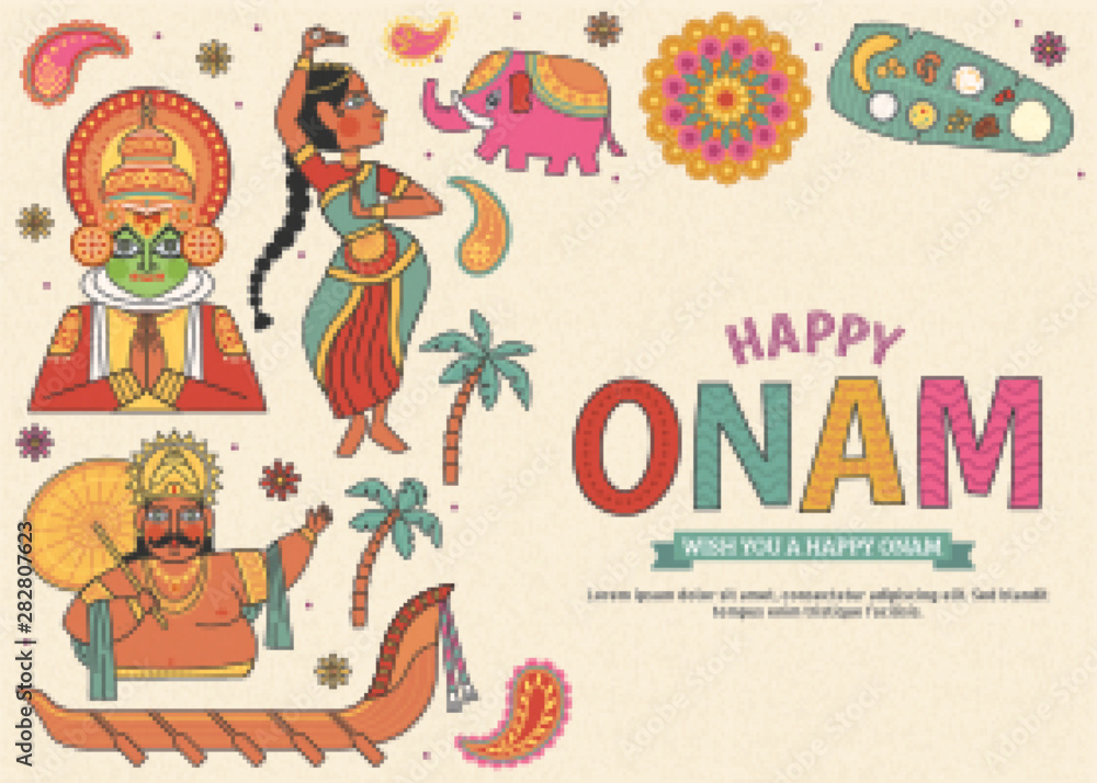 Happy Onam cultural symbols Stock Vector | Adobe Stock