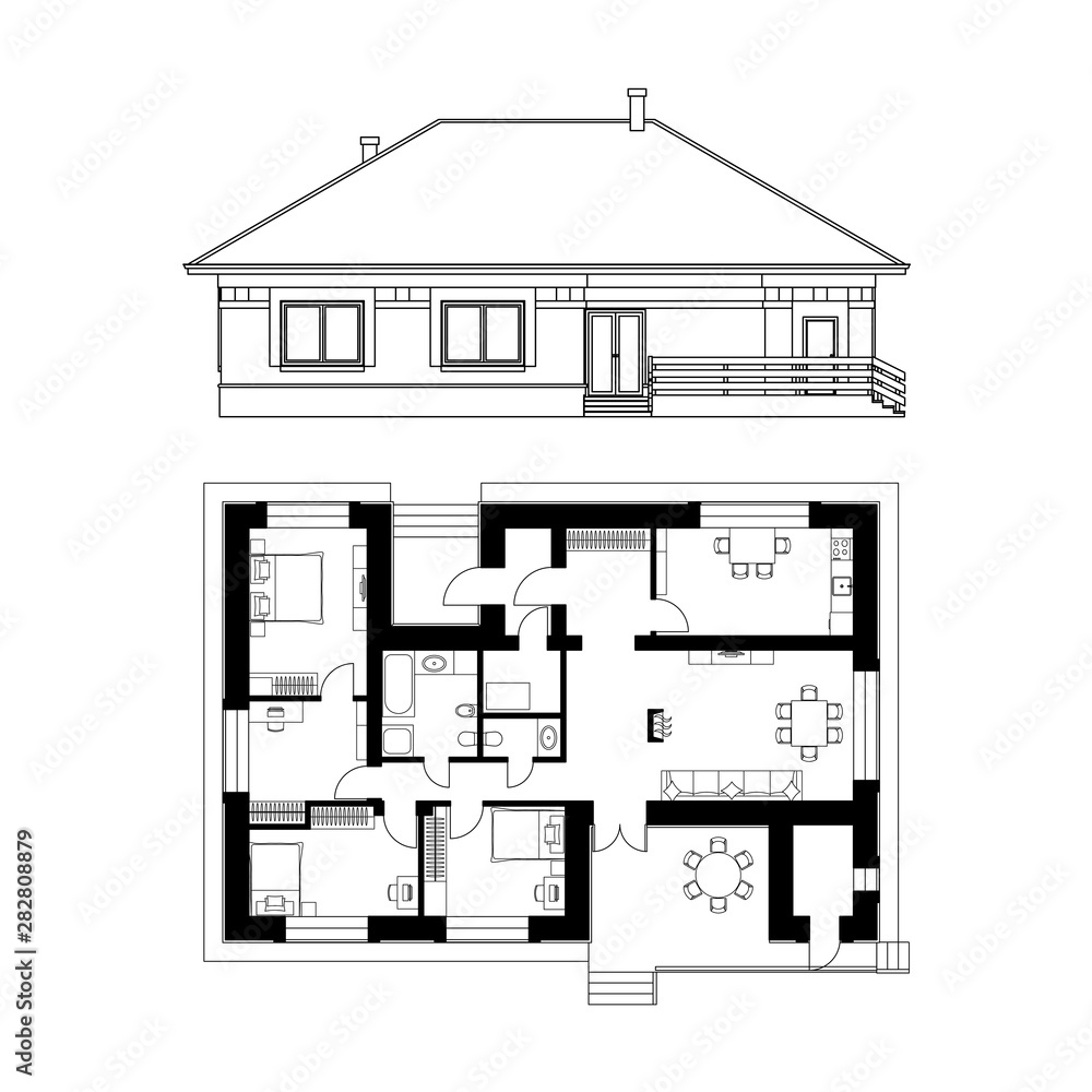 Architectural project of a house. Drawing of the facade and floor plan ...