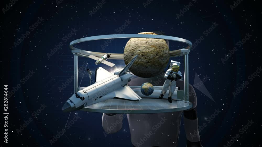 Robot, cyborg touching futuristic space science laboratory in galaxy ...