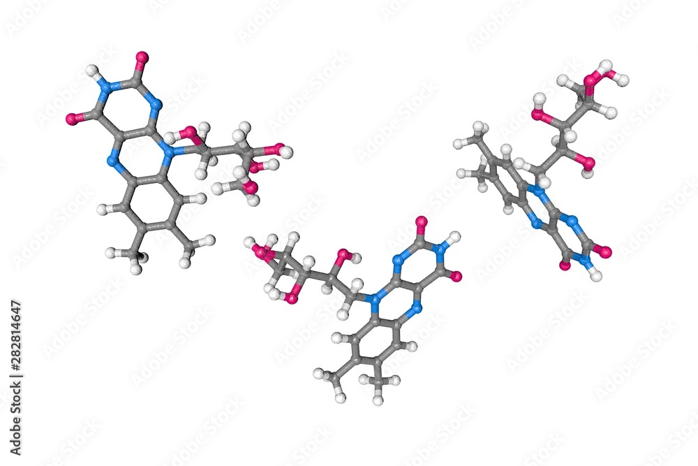 Molecular structure of riboflavin. Atoms are represented as spheres ...