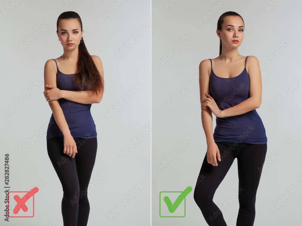 Portrait of a beautiful woman demonstrating the right and wrong way of ...