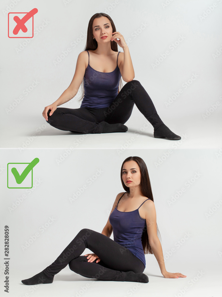 Portrait of a beautiful woman demonstrating the right and wrong way of ...