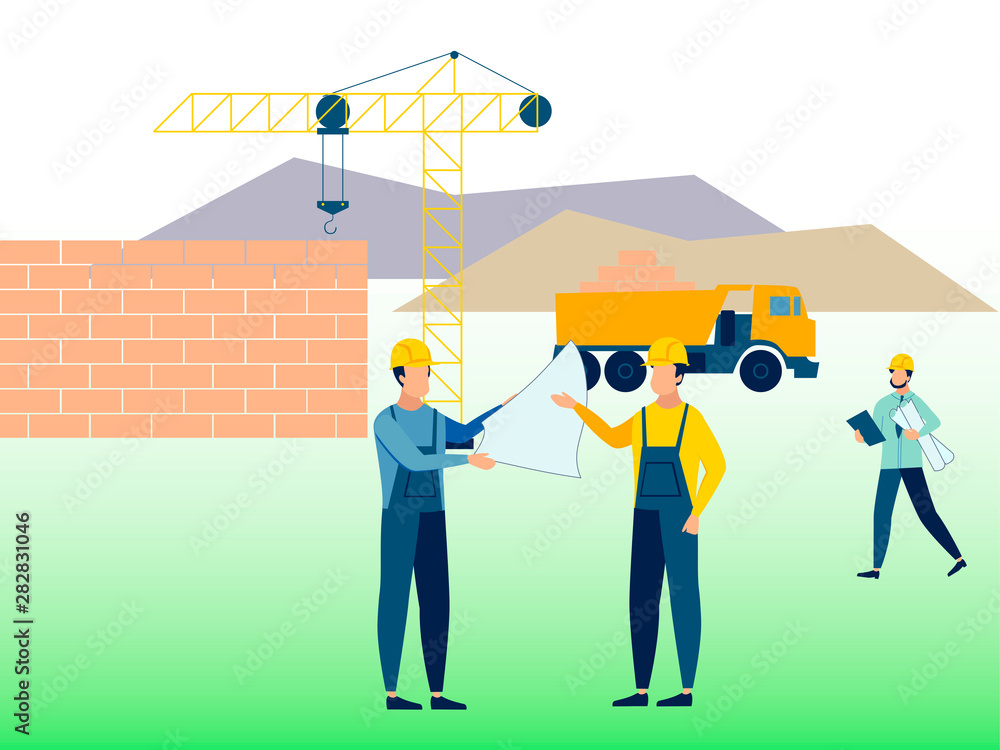 Construction, working environment. Builders at work. In minimalist ...
