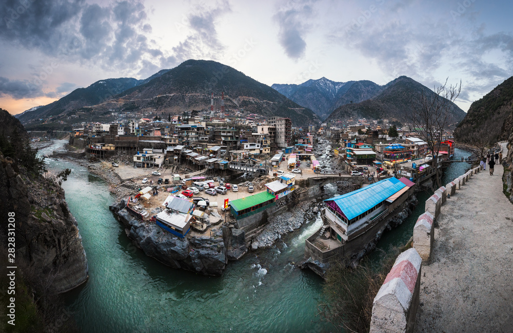 Swat river passing through village of Bahrain in Swat Valley Pakistan ...