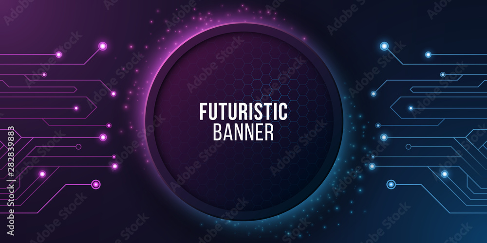 Futuristic banner with computer circuit. Modern tech design. Blue and ...