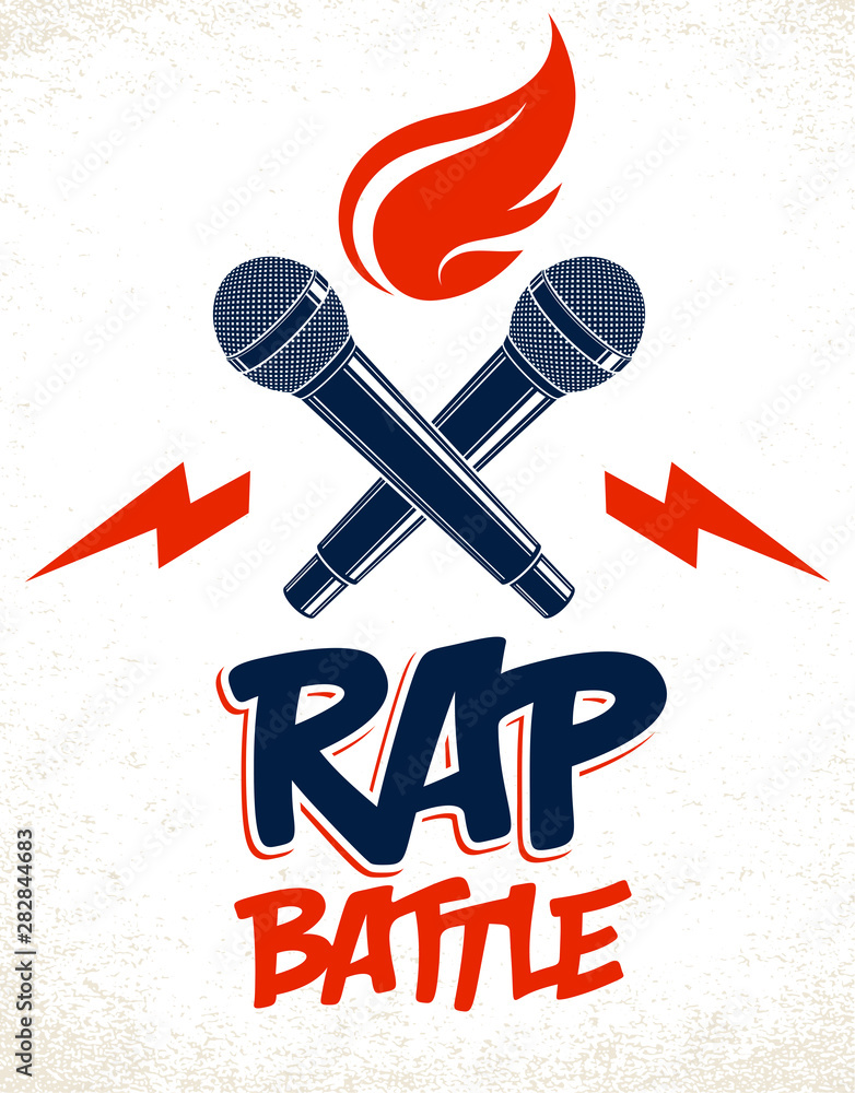 Rap Battle vector logo or emblem with two microphones crossed and fire ...