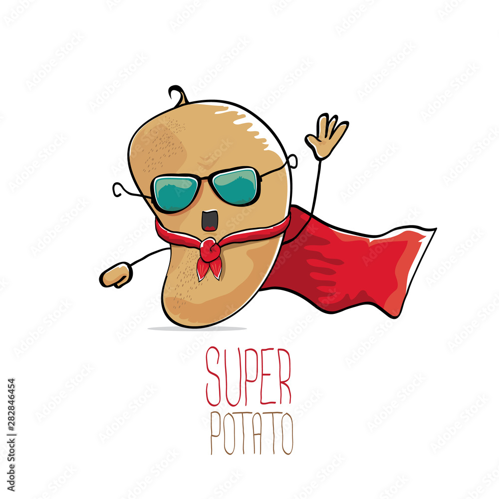 vector funny cartoon cute brown super hero potato with red hero cape ...