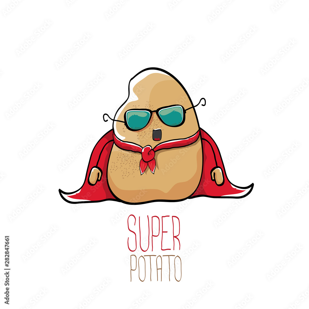 vector funny cartoon cute brown super hero potato with red hero cape ...