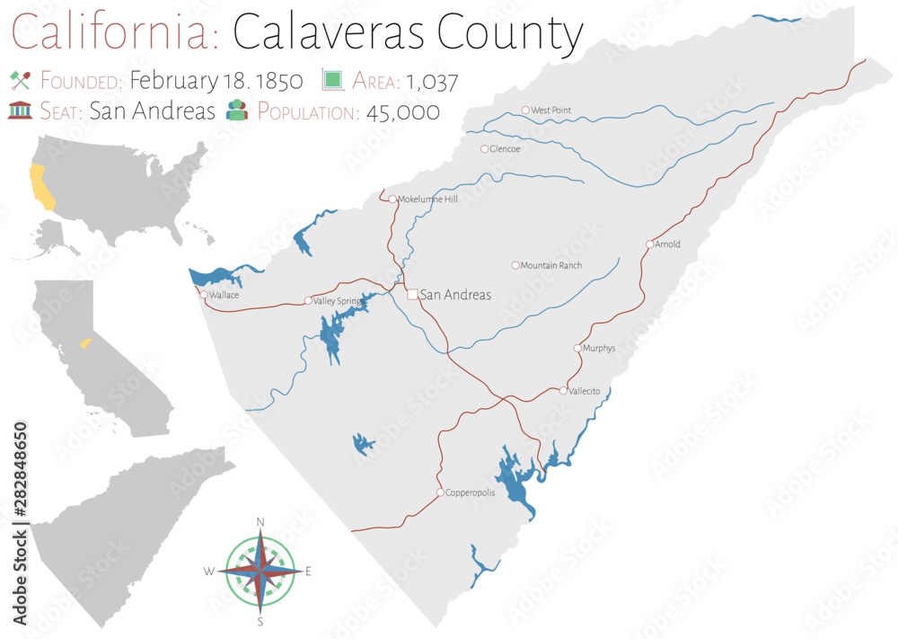 Large and detailed map of Calaveras county in California, USA Stock ...