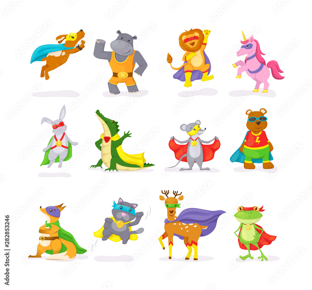 Cute superhero animal kids with a superhero cape and masks. Deer, mouse ...