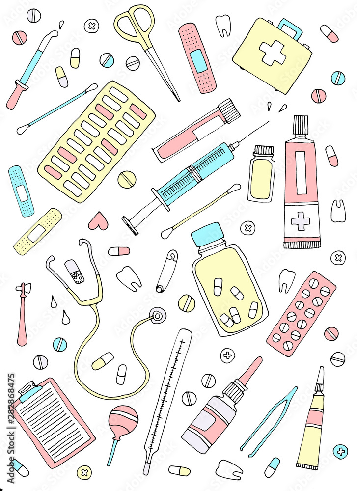 Medical set, health, hospital clearance. Syringe, pills, tweezers, red ...