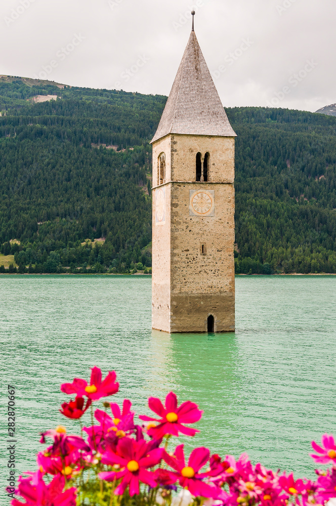 Reschen, Turm, Reschensee, Reschenpass, Passstrasse, Vinschgau, Alpen ...