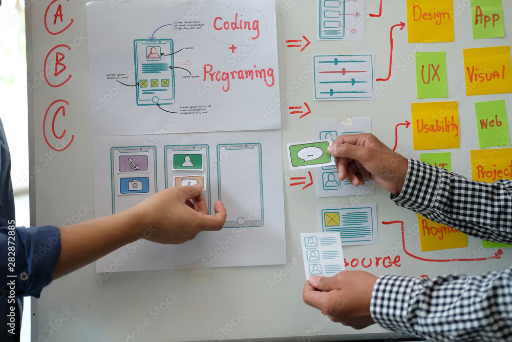 user experience UX designer designing web on smart phone layout. UI ...