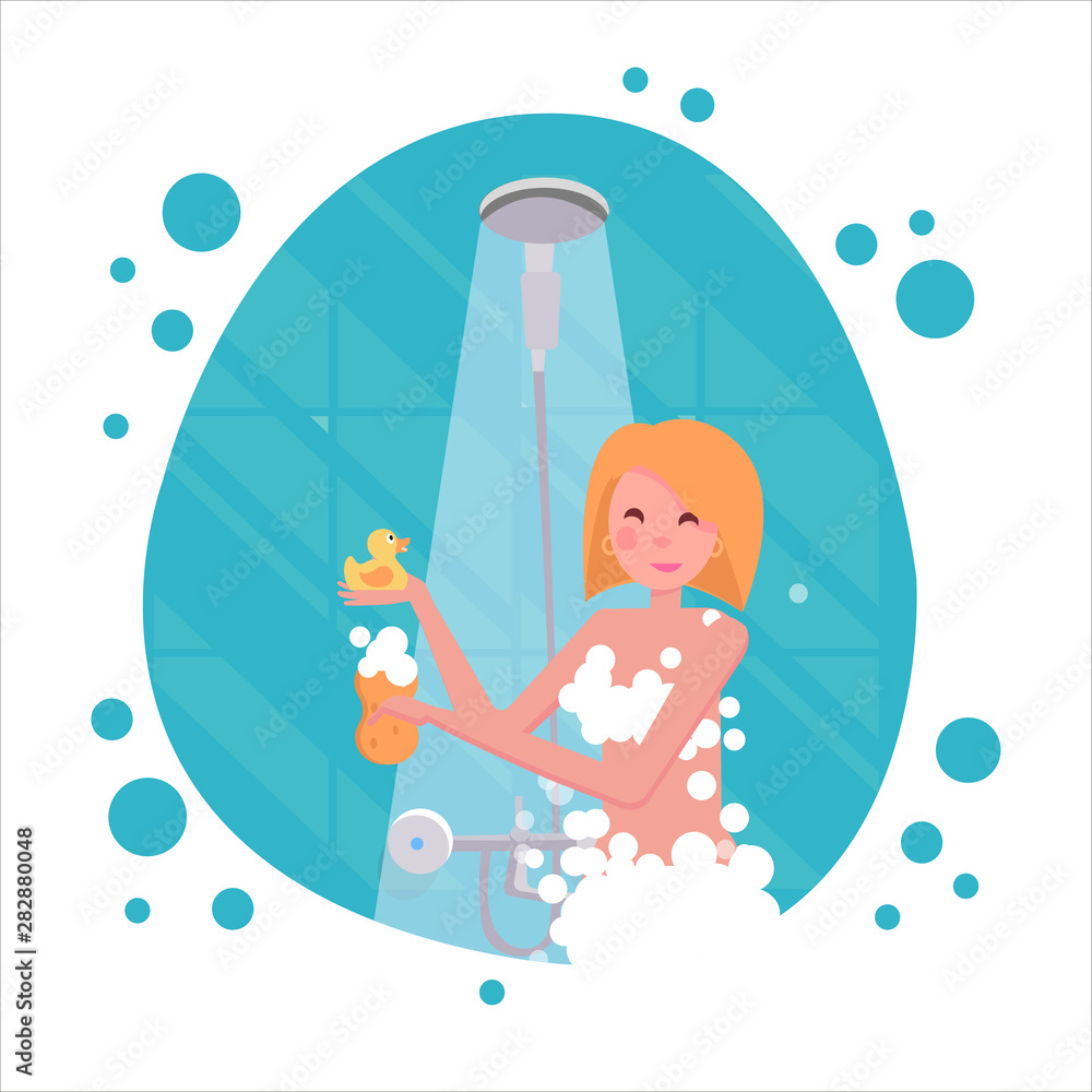 Blond Woman Washing Herself With Sponge In Shower. Female character In ...