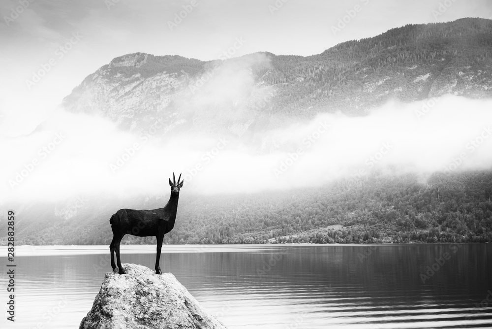 Bronze statue of the legendary deer Zlatorog (The Golden Horn), Bohinj ...
