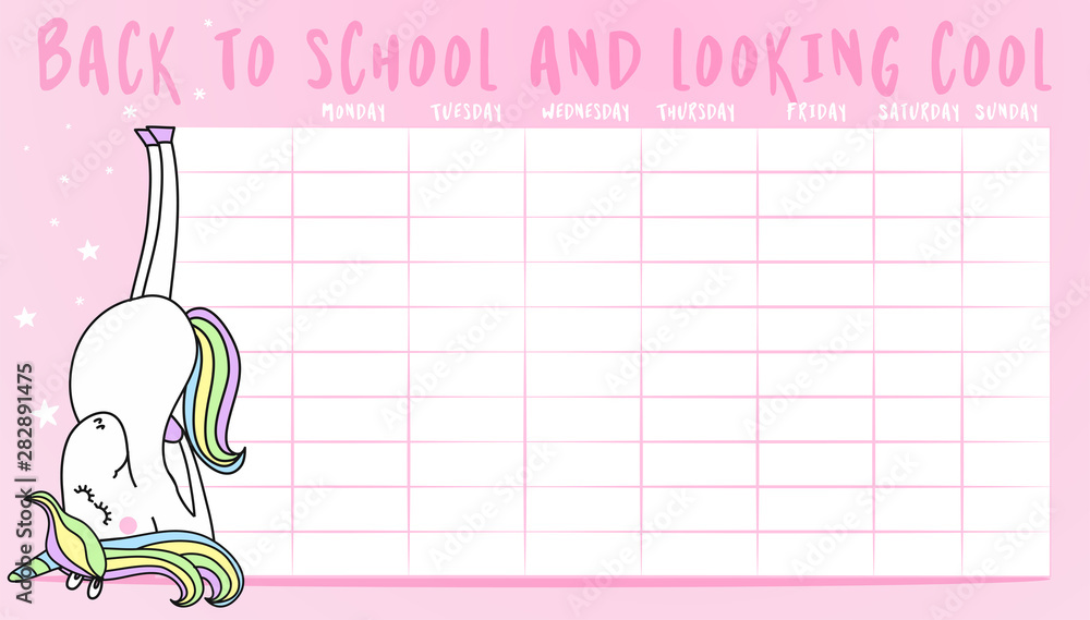 School timetable with cute unicorn doodle. Vector school timetable ...