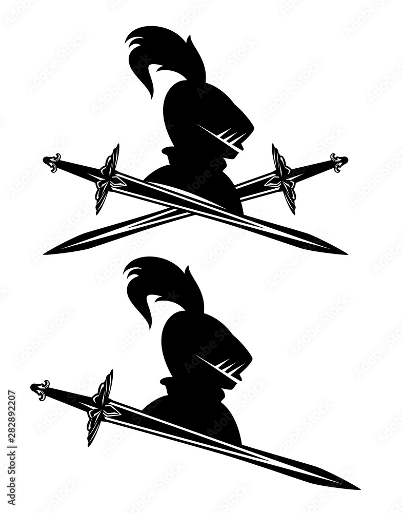 knight helmet head and crossed swords - medieval guard sign black and ...