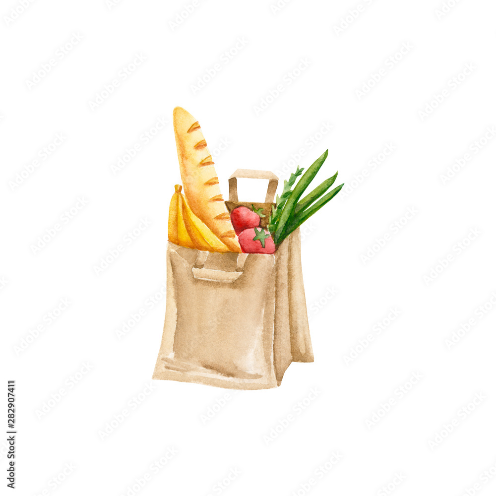Watercolor paper bag with vegetables, fruits, bread. Illustration ...