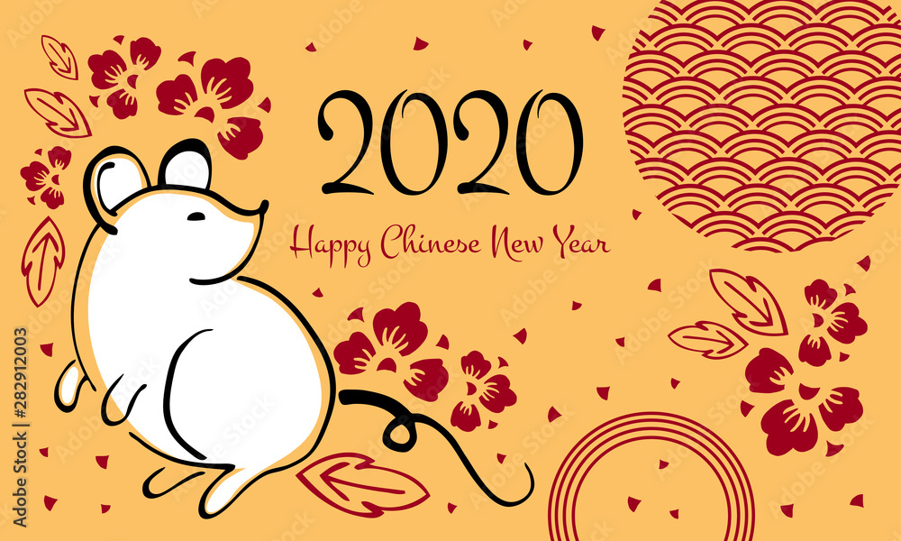 Chinese New Year 2020 print template. Vector illustration with sitting ...