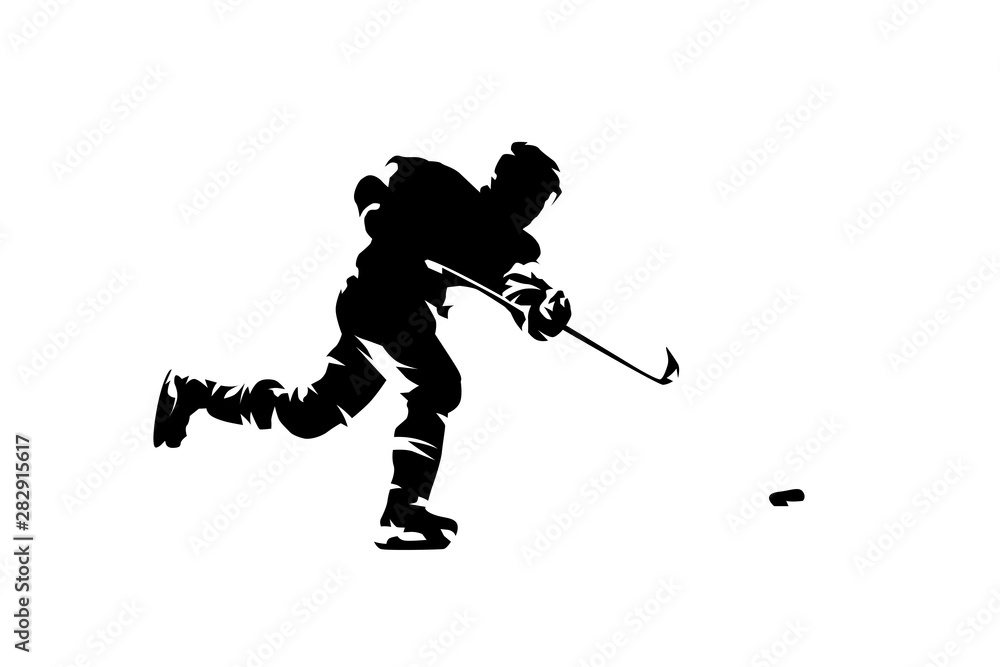 Hockey player shooting puck, ink drawing. Isolated vector silhouette ...
