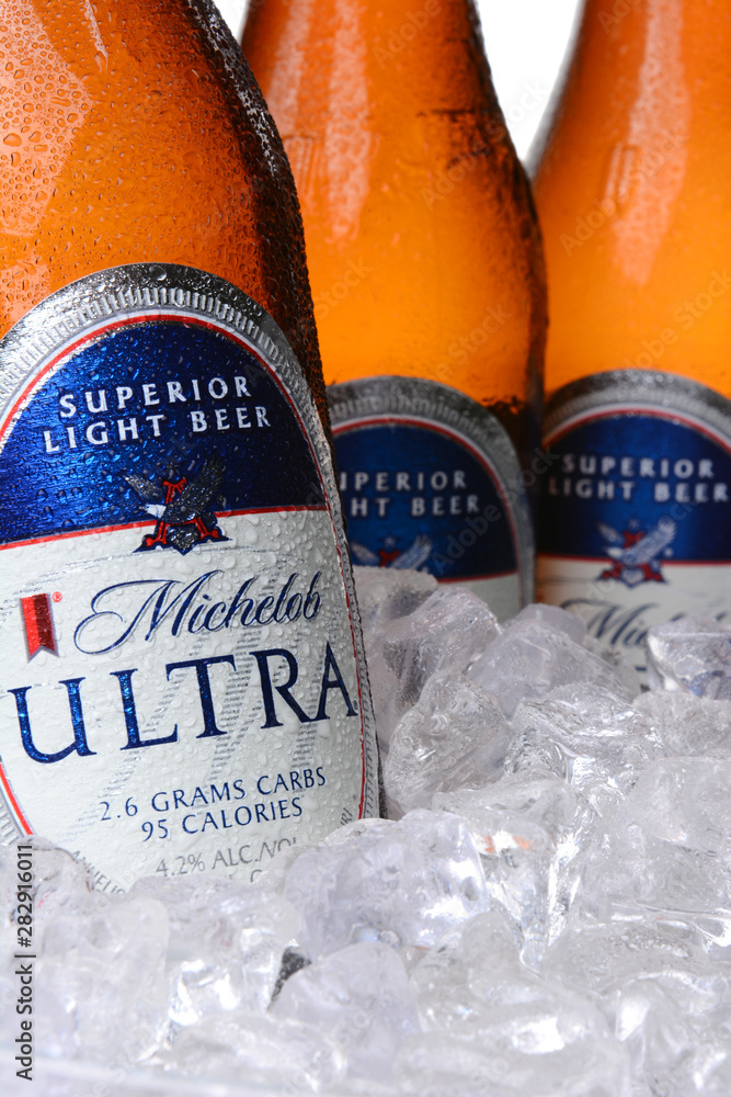 IRVINE, CA - MAY 30, 2014: Closeup of Michelob Ultra bottles in ice ...