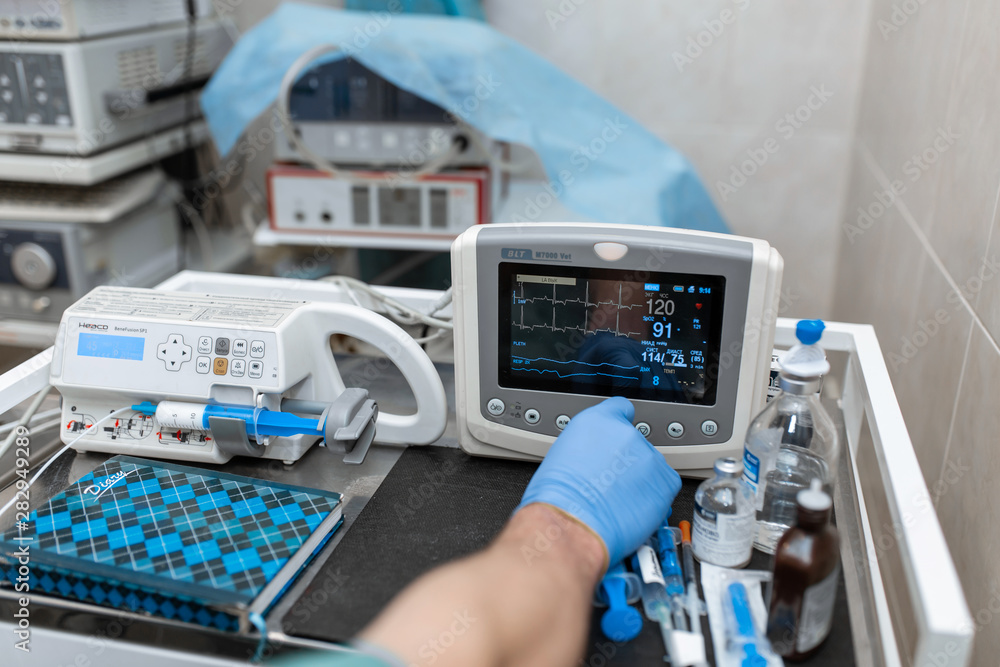 Heart rate monitor in hospital theater. Medical vital signs monitor ...