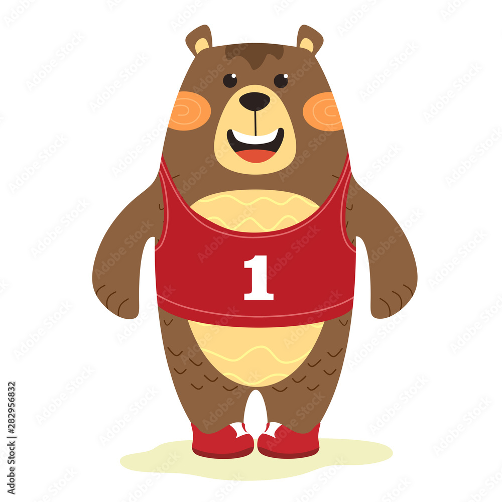Cheerful and cute bear athlete number 1. Vector isolate on a white ...