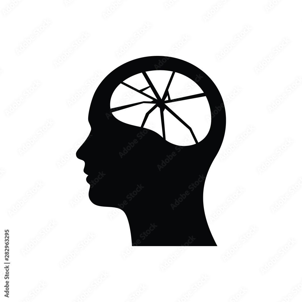 Head with damaged brain icon. broken brain silhouette logo ...