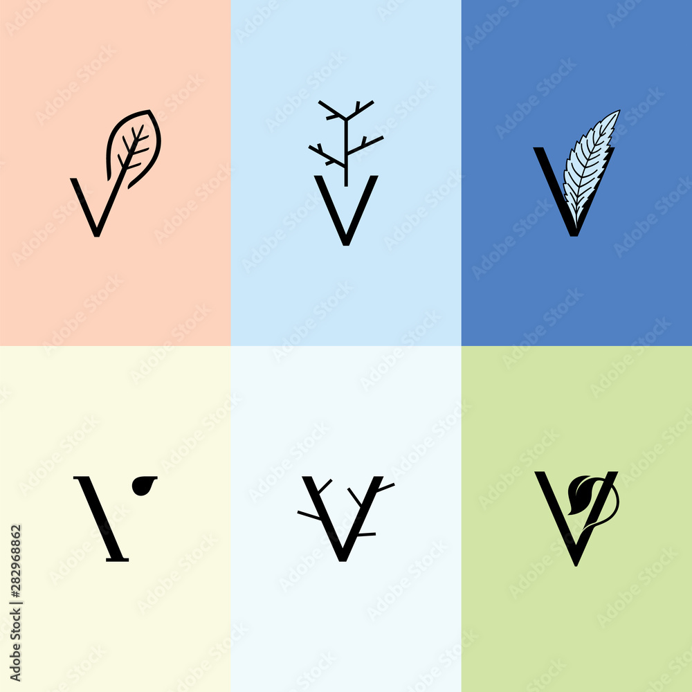 V leaf combination branch collection simple logo vector illustration ...