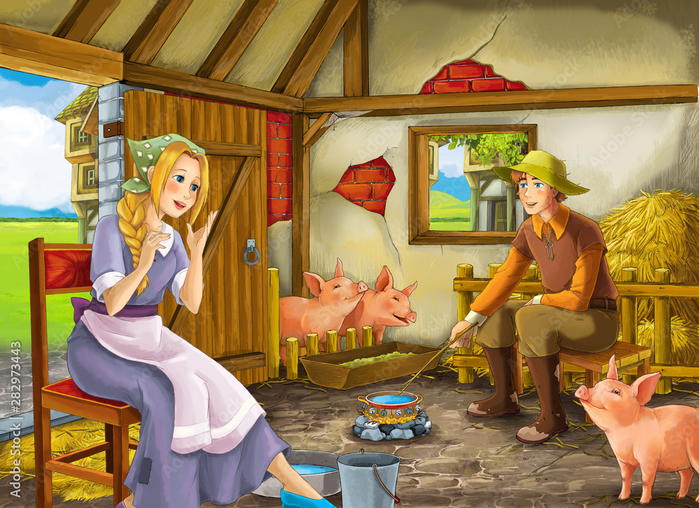 Cartoon scene with beautiful girl and farmer rancher in the barn pigsty ...