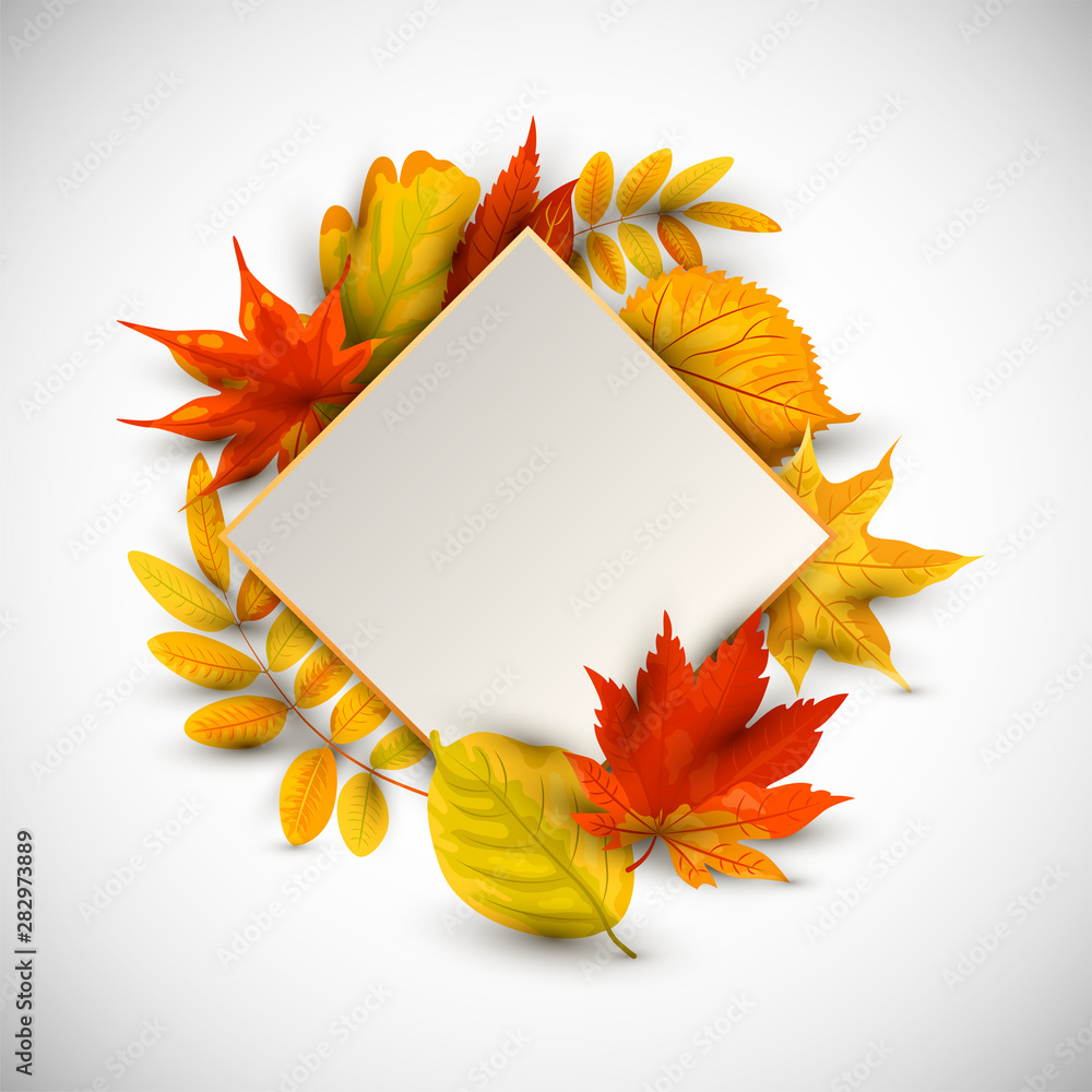 Autumn background with falling leaves and paper sheet with golden frame ...