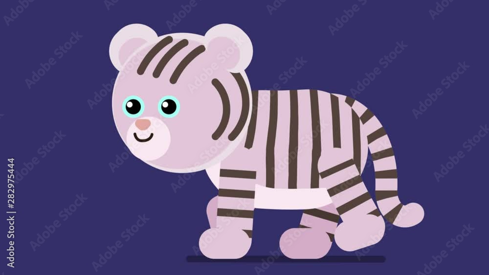 100 baby animals. Walk cycle of a cute baby white bengal tiger. 2D ...