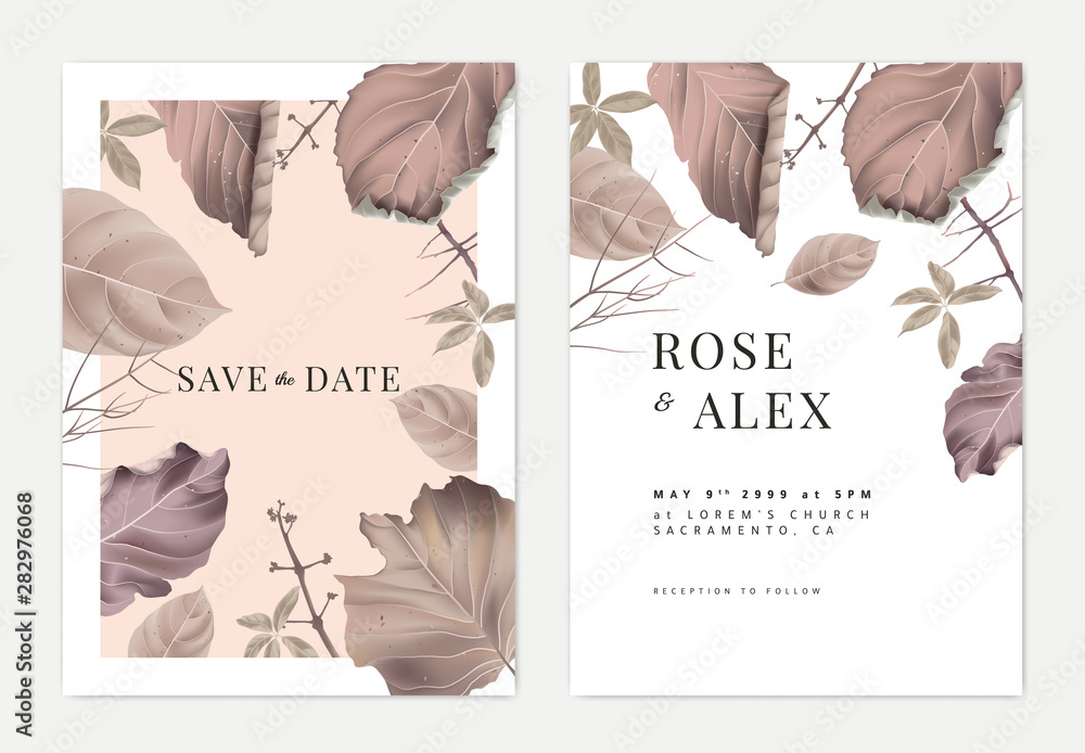 Botanical wedding invitation card template design, dried leaves and ...