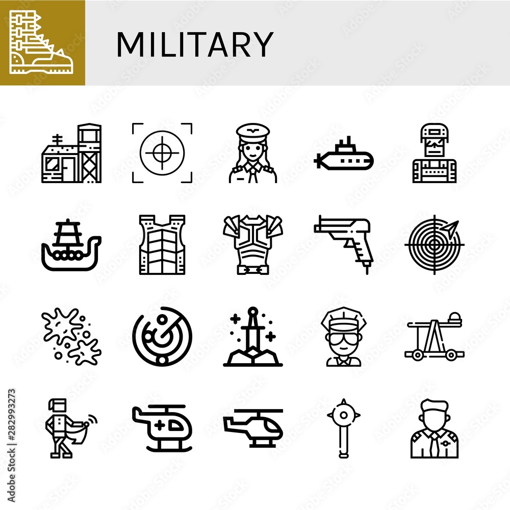 Set of military icons such as Boot, Military base, Crosshair, Pilot ...