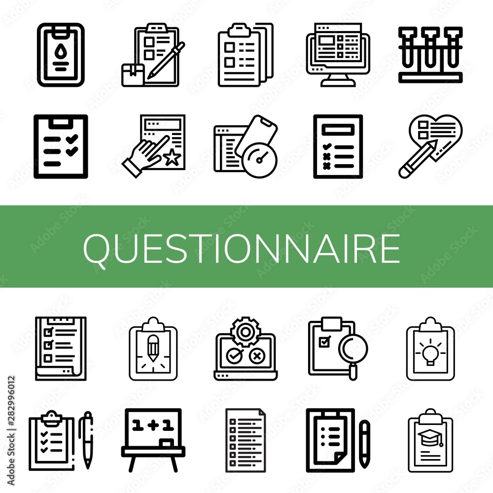Set of questionnaire icons such as Clipboard, Checklist, Evaluation ...
