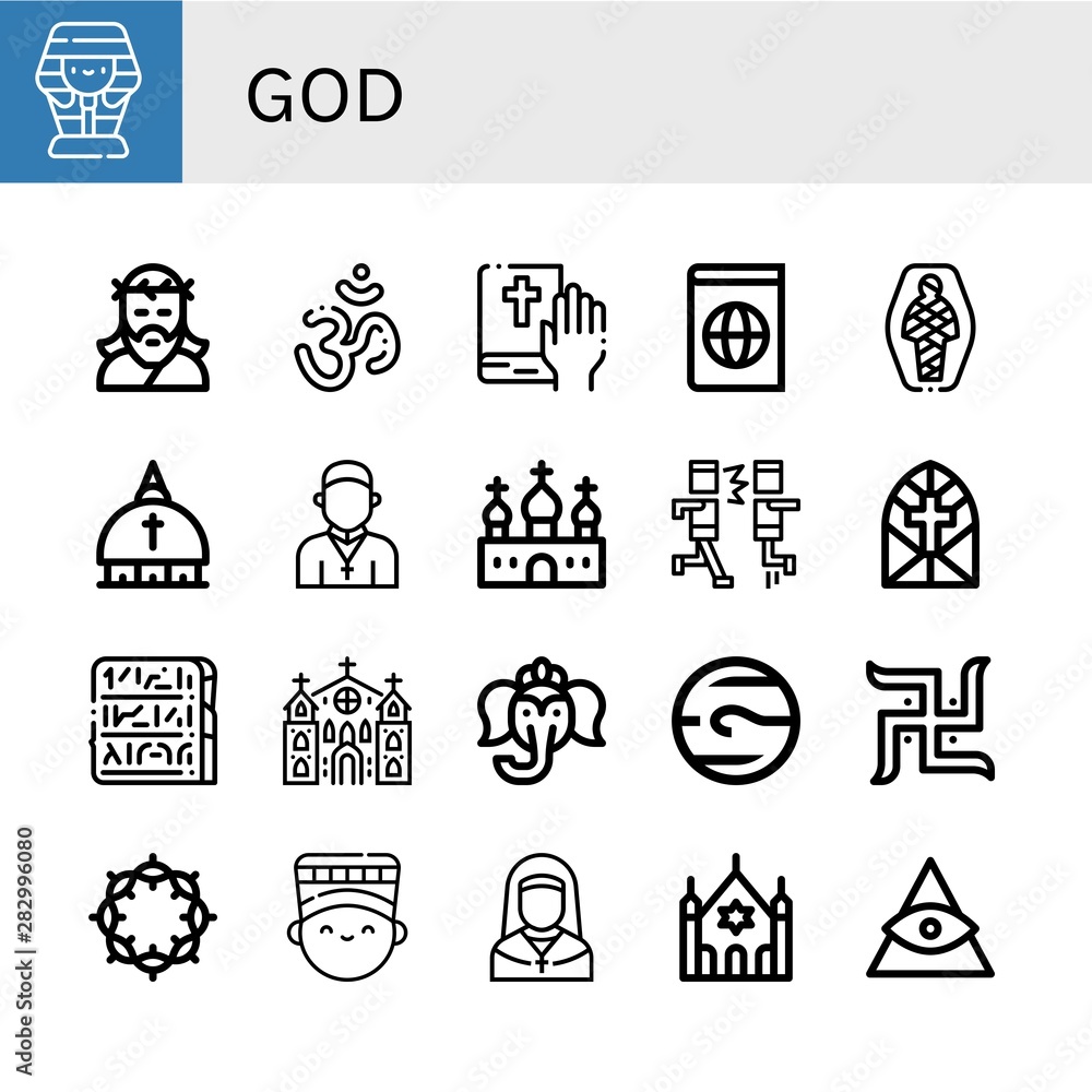 Set of god icons such as Sarcophagus, Jesus, Om, Bible, Atlas, Mummy ...