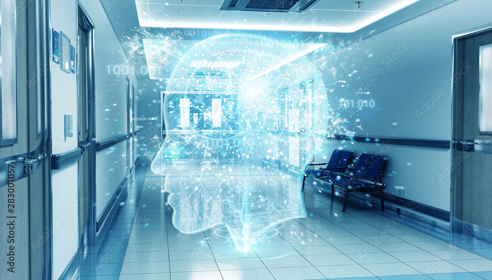 Hospital blue corridor with digital xray brain floating in dots ...