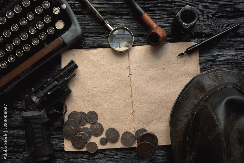 Retro detective book template with blank pages for copy space ...