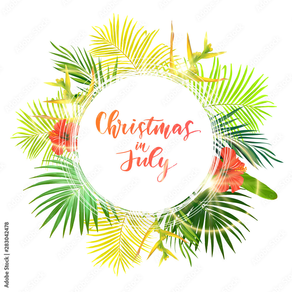 Christmas on the summer beach design with green palm leaves and ...